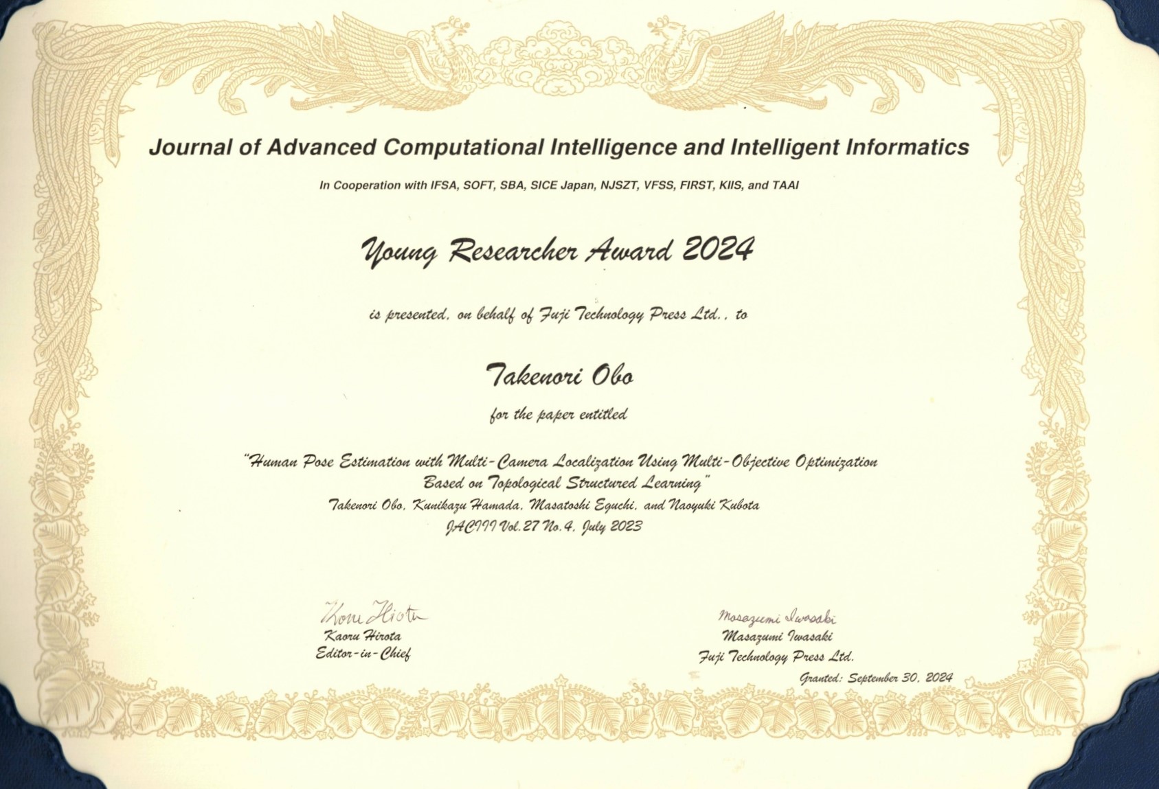 JACIIIにてYoung Researcher Award 2024を受賞 - 知能ロボット研究室 久保田・大保